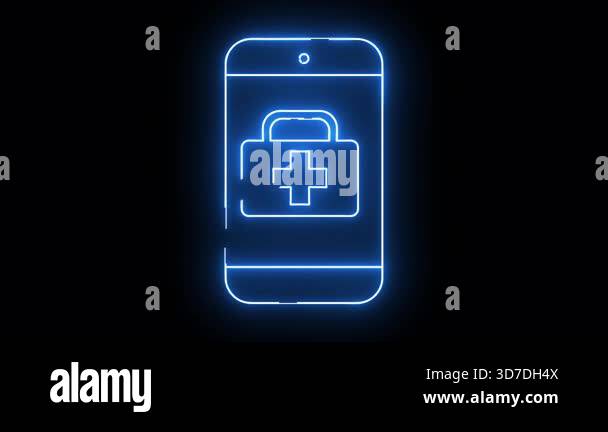 Blue neon phone with a medical kit icon on screen against a black ...