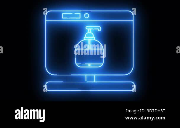 Blue neon outline of a computer monitor displaying a soap dispenser on ...