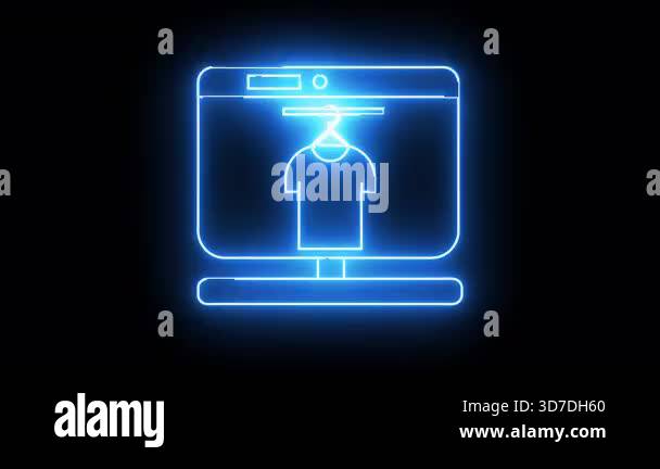 A neon blue outline depicts a computer screen displaying a tshirt on a ...