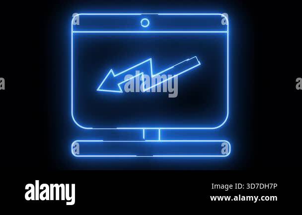 A blue neon computer monitor displays a downwardtrending arrow against ...