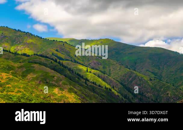 time lapse of clouds flying over green mountain slope with some trees ...