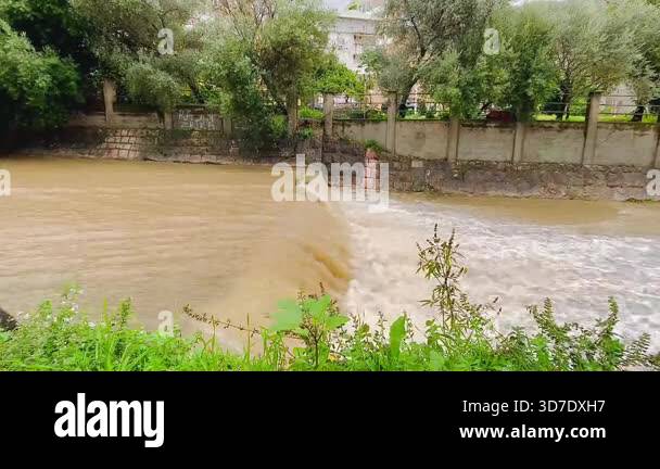 weir overflow spilling brown water into downstream channel, foamy ...