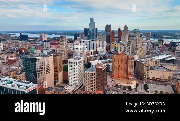 Detroit, USA, 28 July 2025: Detroit skyline above downtown. Aerial view ...