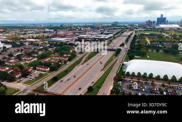 Detroit, USA, 28 July 2025: Flight over the multi-lane road with ...