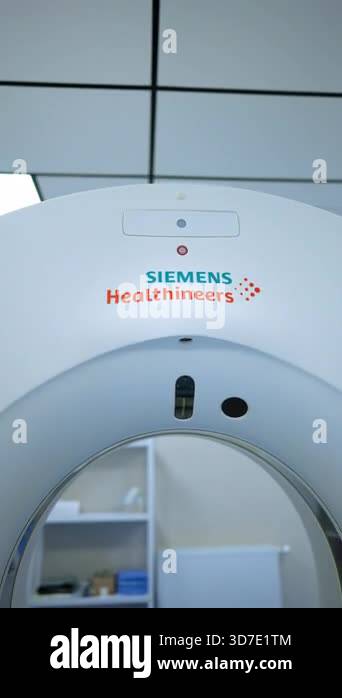 Kyiv, Ukraine, 2 August 2025: Tomography scanner gantry with patient ...