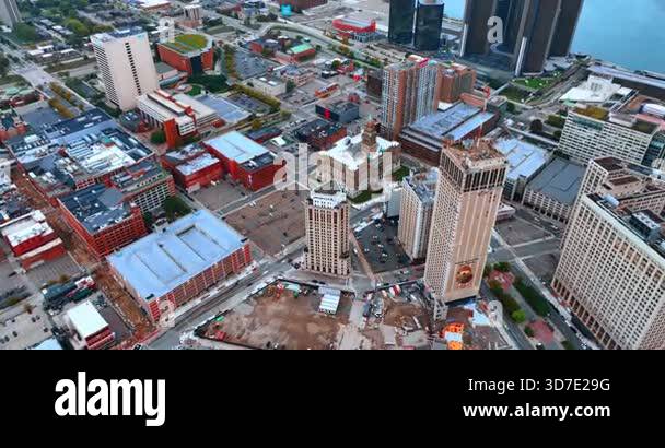 Detroit, USA, 28 July 2025: Flying above urban landscape with multiple ...