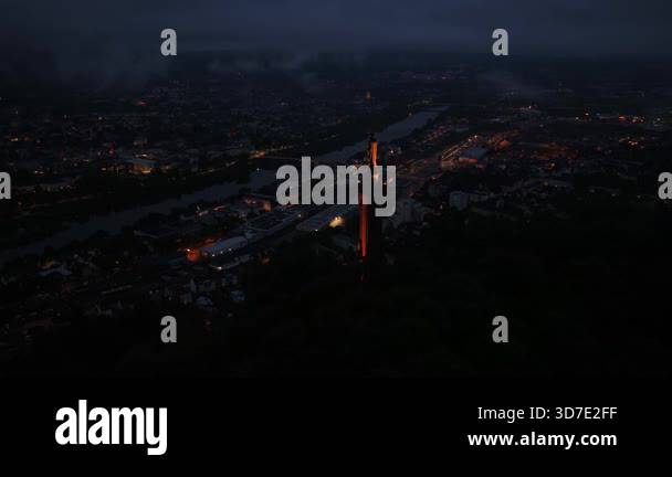 Trier, The Marian Column overlooking the city. Panoramic view at night ...