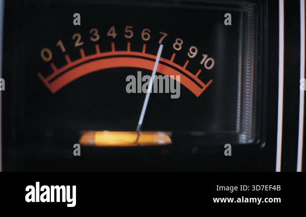 Macro view analog VU meter with needle fluctuating across orange scale ...