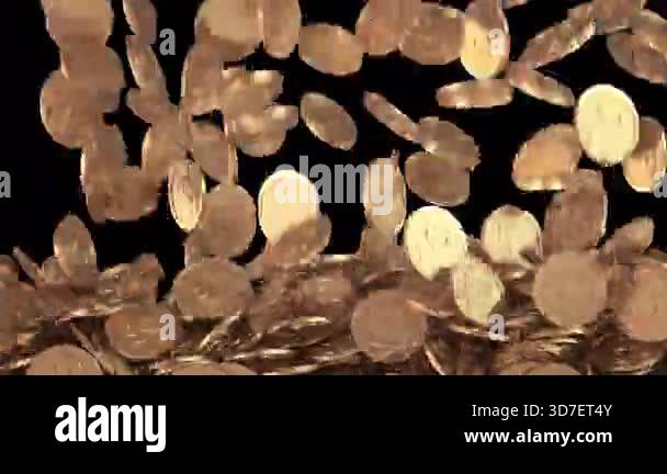 Gold coins falling and accumulating to fill the screen. 3D animation of ...