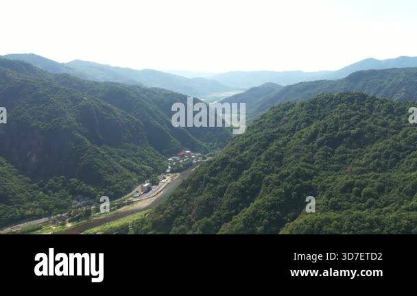 Aerial view of the high mountains and river in yangjiaxi, xiapu Fujian ...