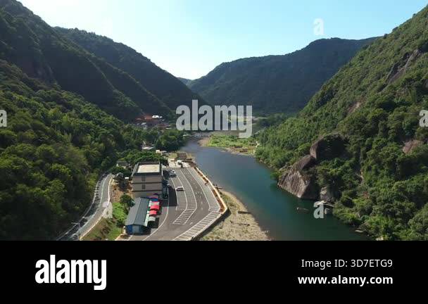 Aerial view of the high mountains and river in yangjiaxi, xiapu Fujian ...