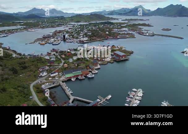 Aerial drone view of Ballstad, a fishing village in the Lofoten Islands ...
