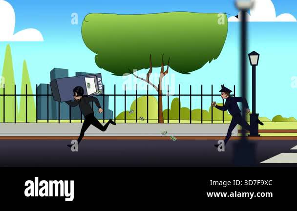 a cartoon Police Officer, Security Guard chasing Criminal ATM Thief ...