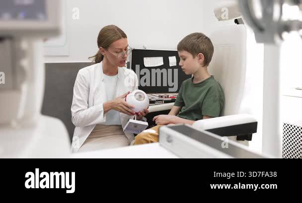 Woman optometrist showing and explaining human eye structure to curious ...