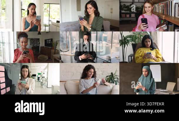 Collage of multi-national women and man using smartphones indoors ...