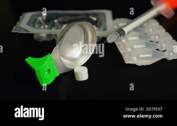Open Harm Reduction kit supplies displays on the table. Short Injection ...