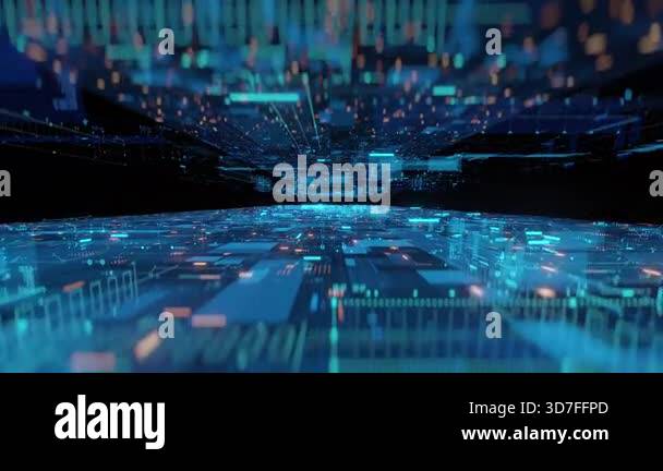 Futuristic digital data network background. Glowing blue, orange lines ...