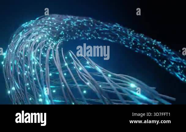Abstract fiber optic cables carrying glowing data points. Represents ...