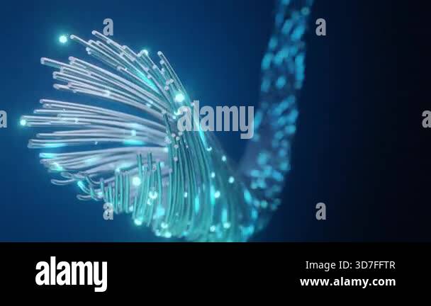 Fiber optic cables transmitting data, glowing blue light. High-speed ...