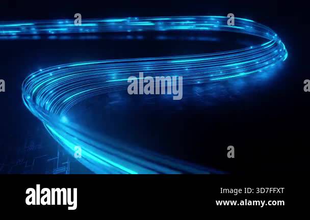 Dynamic blue fiber optic light trails. High-speed data transmission ...