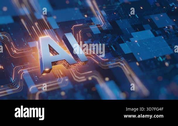 3D AI text futuristic circuit board background. Glowing data lines, digital processing, neural ...