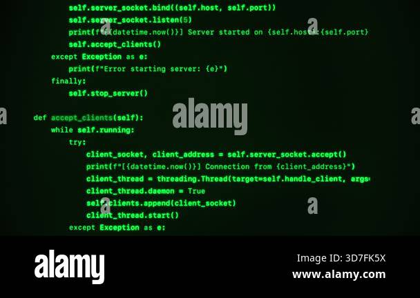 Abstract green programming code on a dark computer screen, representing data security, hacking ...