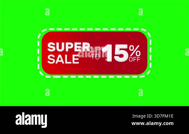 red 15 percent sale badge on green screen, stitched dashed border ...