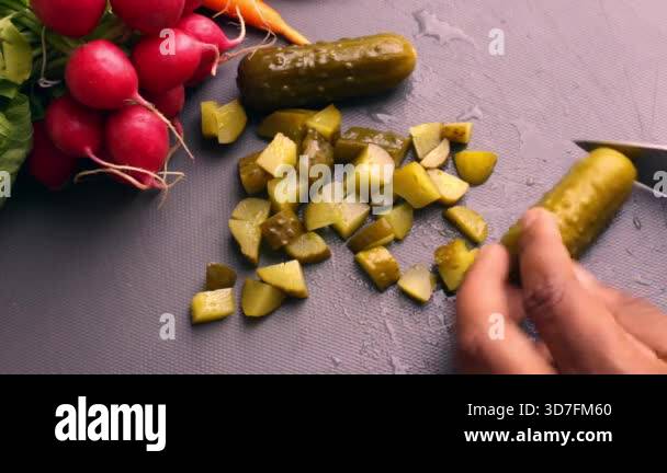 Closeup of male hands chopping pickles for healthy meal Stock Video ...