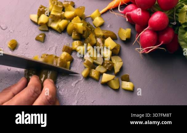 Closeup of male hands chopping pickles for healthy meal Stock Video ...