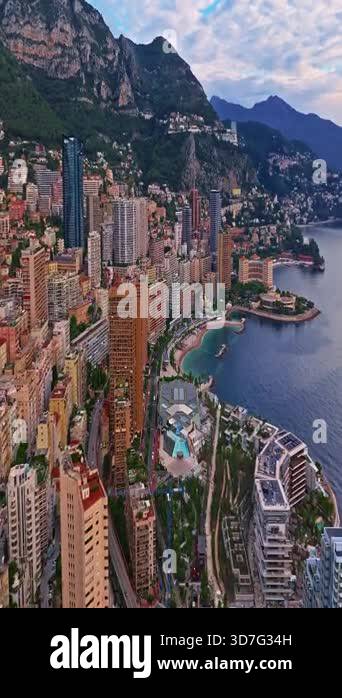 Aerial view of the city center of Monaco. Establishing shot showcases ...