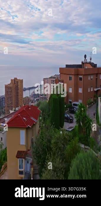 Birds eye aerial view of traffic in Monte Carlo, Monaco. Famous formula ...