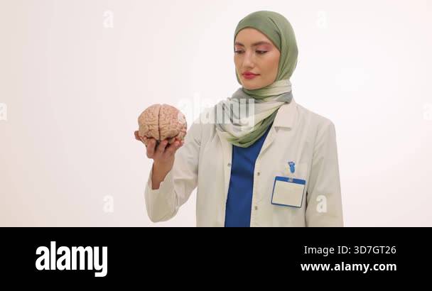 Lady doctor in hijab holds anatomical model of human brain against ...