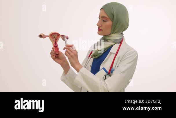 Woman gynecologist in hijab explains function of uterus against white ...