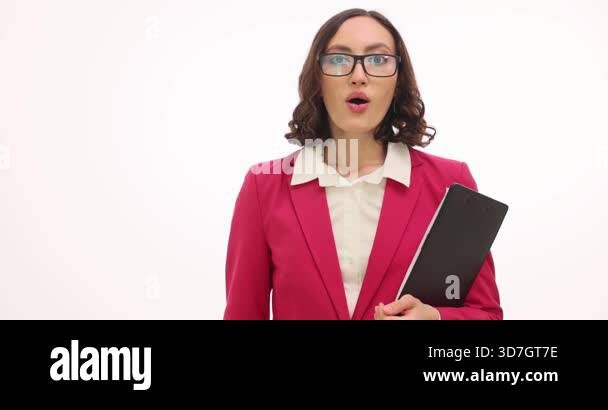 Surprised woman office employee says Wow and applauds on white ...