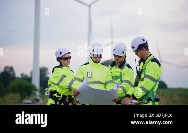 Engineers wearing safety helmets inspecting a wind turbine at a wind ...