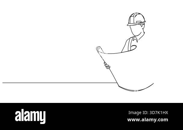 animated continuous line drawing of construction worker looking at ...