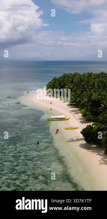 Curving tropical beach lined with palm trees and boats in shallow ...