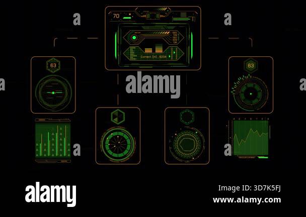 Abstract multi-component data processing system on a high-tech screen, animation with alpha ...