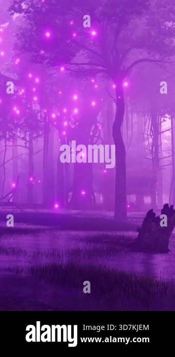 Magic supernatural firefly lights soaring over scary forest swamp among ...