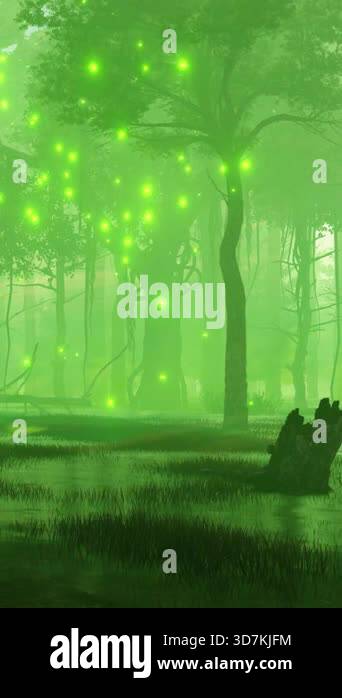 Magic supernatural firefly lights soaring over forest swamp among scary ...
