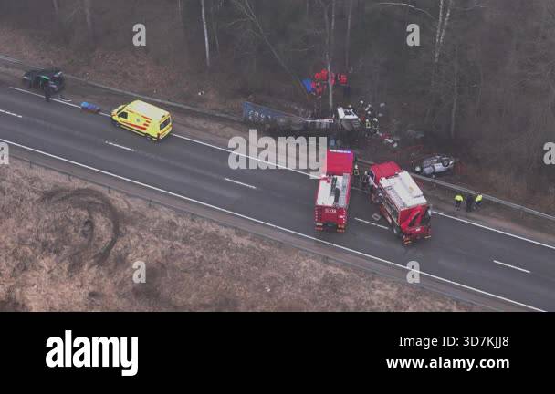 Aerial footage of a fatal road accident scene on the A5 highway in ...