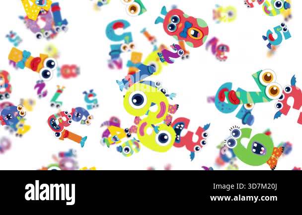 Vibrant monster-themed letters animate dynamically against a white ...