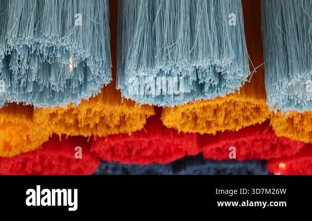 Vibrant cotton strands in blue, orange, and red create a dynamic visual ...