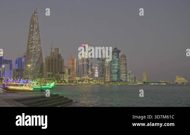 Doha, Qatar-October 21 2025: Doha skyline at night from the corniche ...