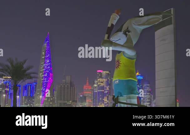 Doha, Qatar-October 21 2025: Doha skyline at night from the corniche ...