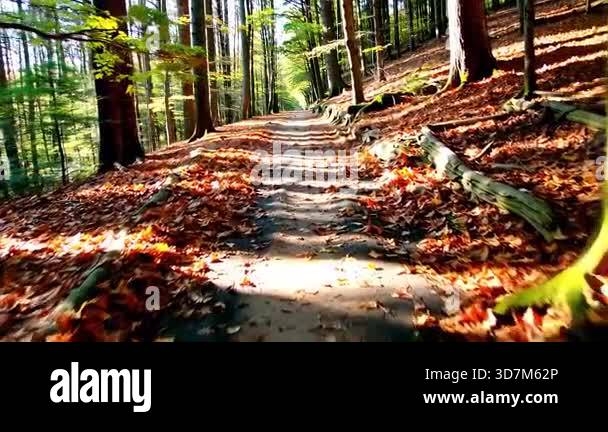 Sunlit forest path with fallen autumn leaves and dappled shadows woods ...