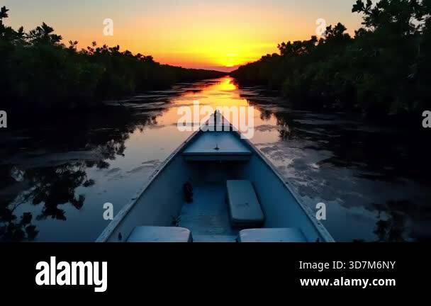 Boat Navigating a Narrow River at Sunset with Lush Green Banks dusk ...