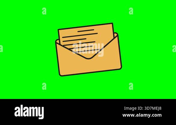 Yellow envelope revealing written document animation on neon green ...