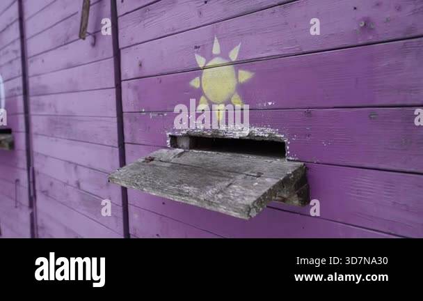 Close-up of a weathered mailbox on a purple wooden wall featuring a sun ...