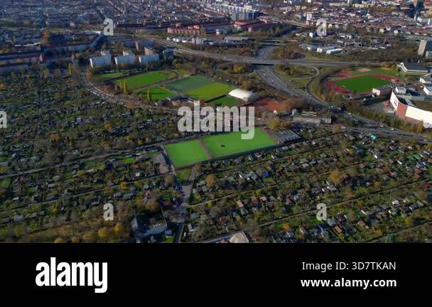 Berlin urban landscape with a large allotment garden area, sports ...